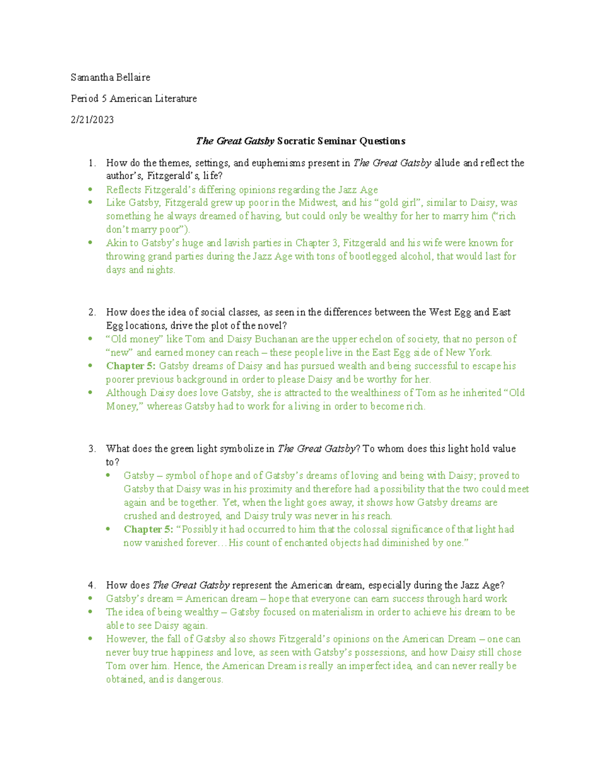 Great Gatsby Socratic Seminar Questions - American Lit - Samantha ...