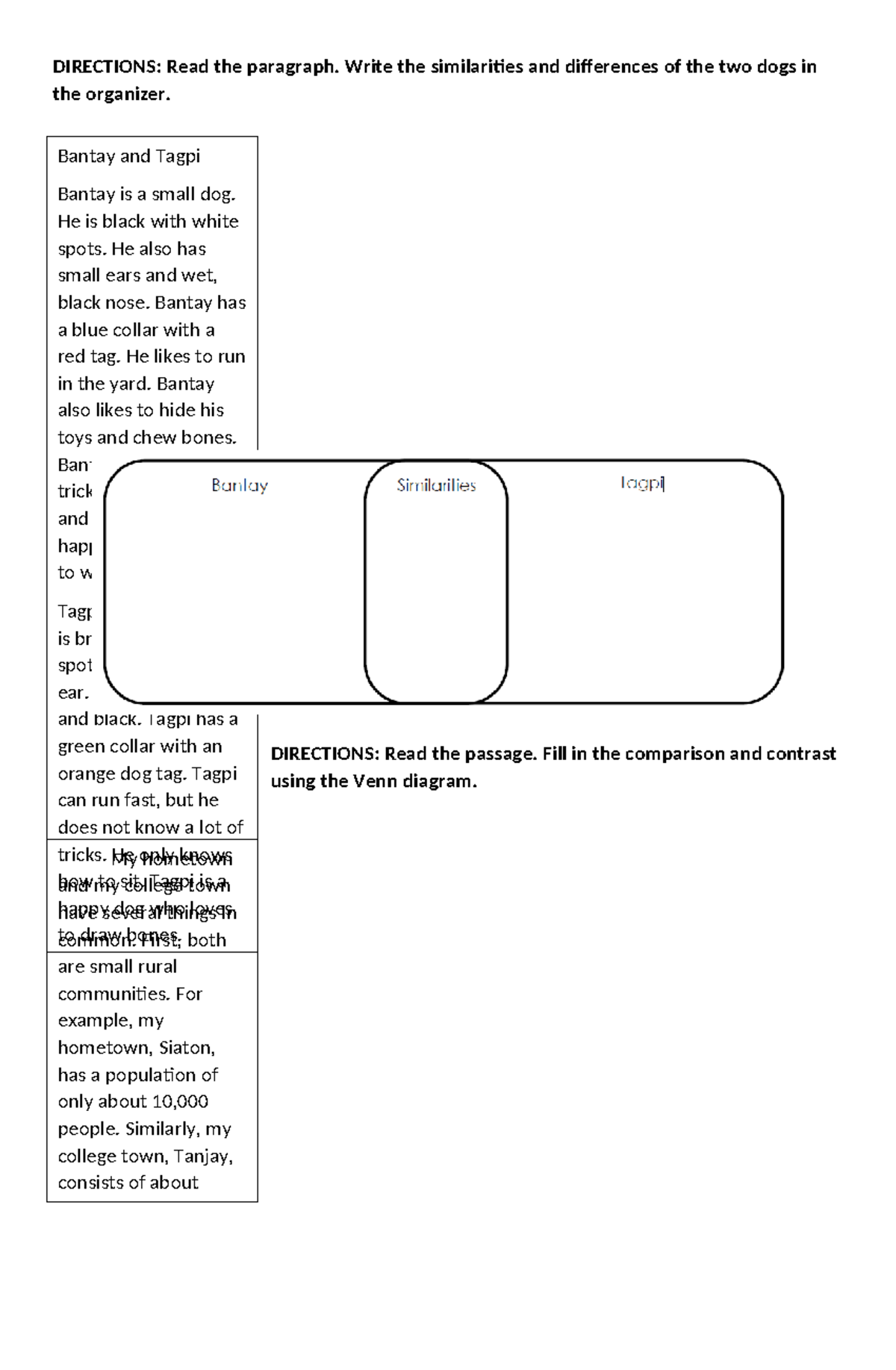 Worksheet compare contrast - DIRECTIONS: Read the paragraph. Write the ...