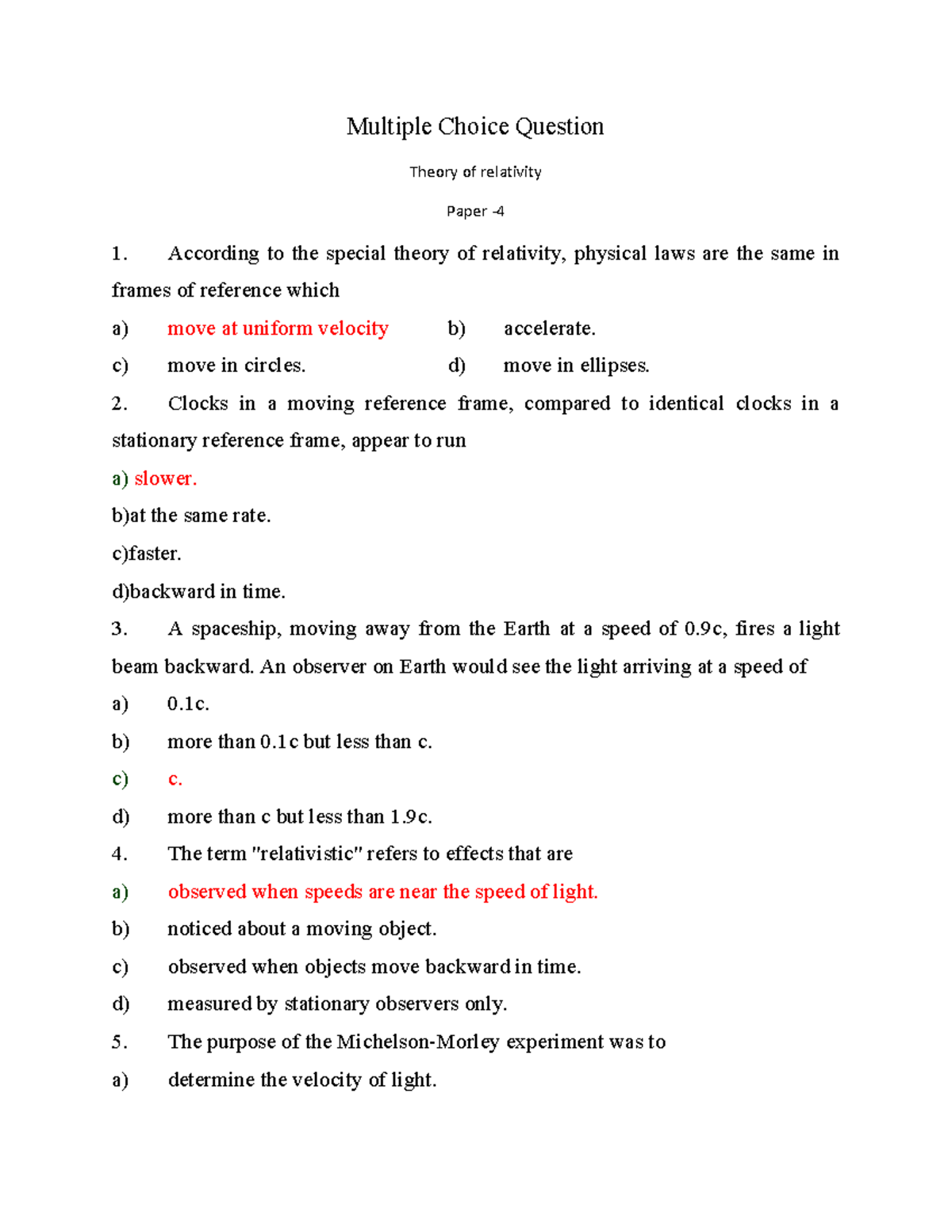 Semistor - VI Physics Paper IV Theory of Relativity-1 - Multiple Choice ...