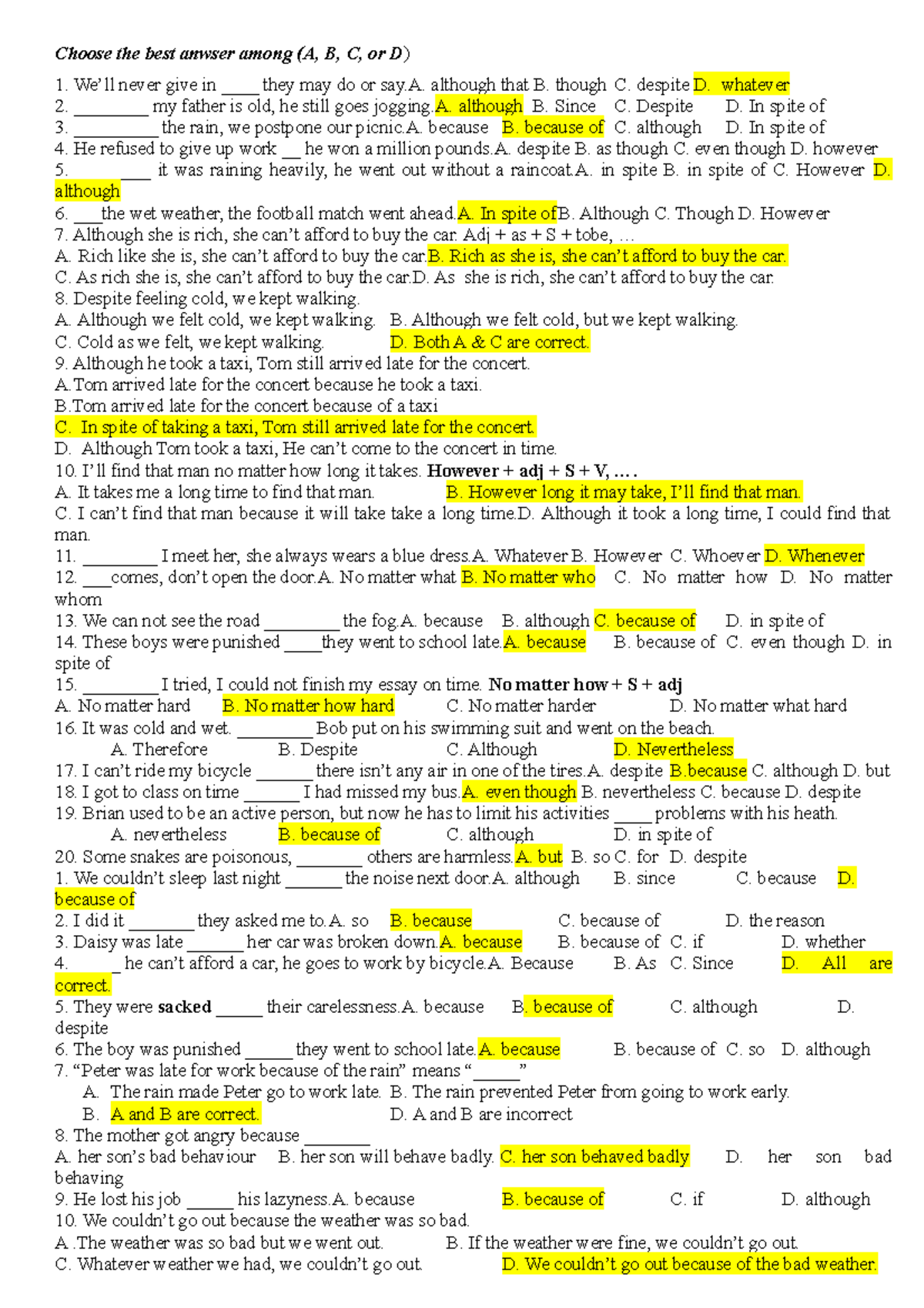 Multiple choice - Adverb clauses - Choose the best anwser among (A, B ...