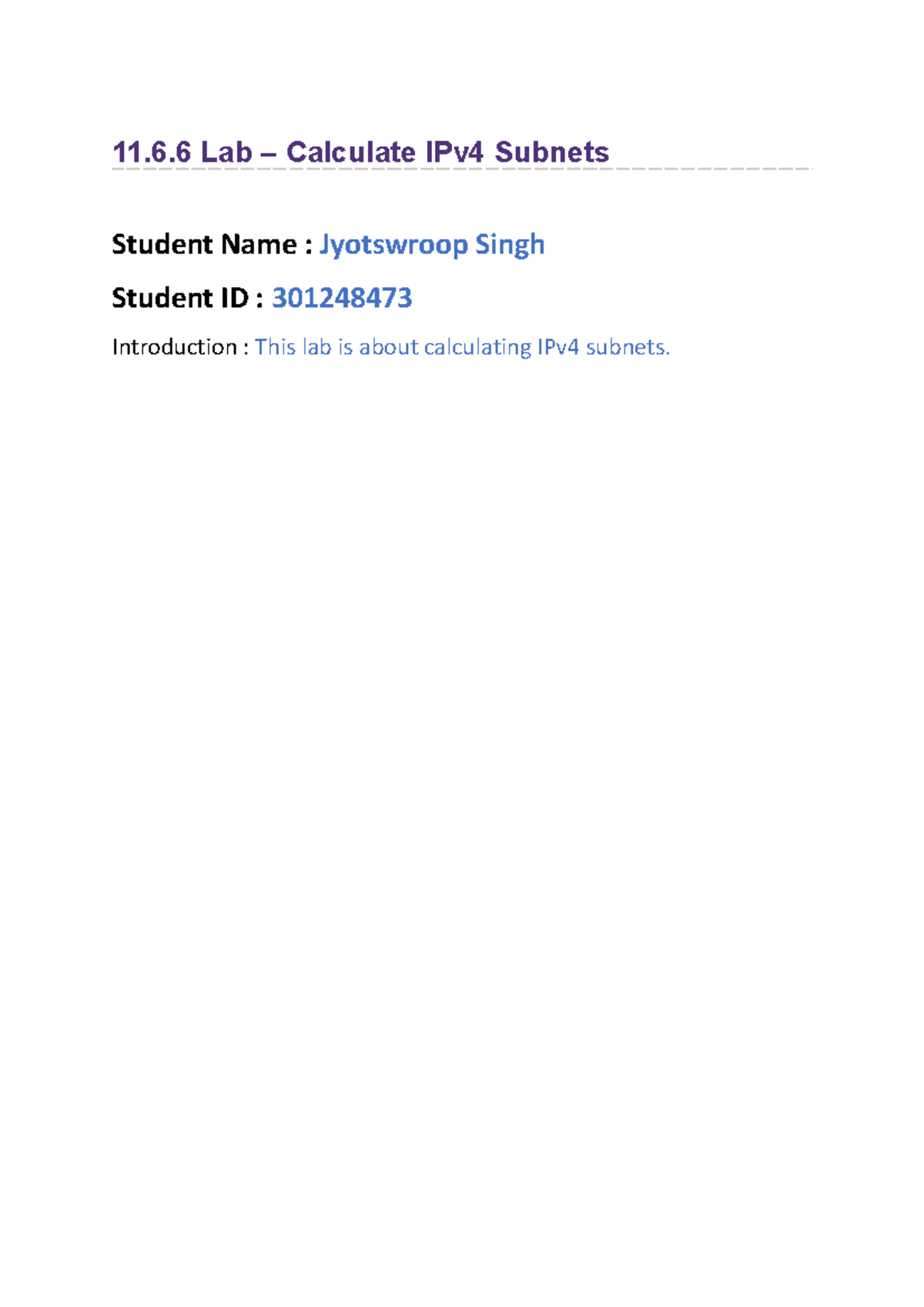 11 6 6 Lab Calculate Ipv4 Subnets Jyotswrroop Singh Sec006 8473 11 6 Lab Calculate Ipv4