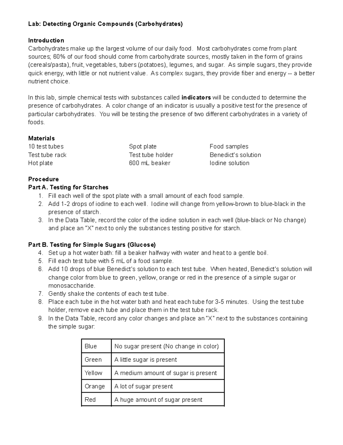 Lab Detecting Organic Compounds (Carbohydrates) - Lab: Detecting ...