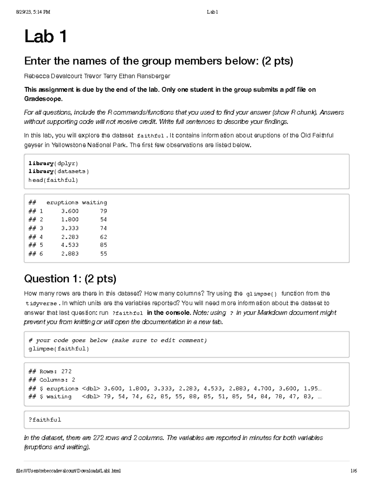 Lab 1 pdf - lab 1 - Lab 1 Enter the names of the group members below ...