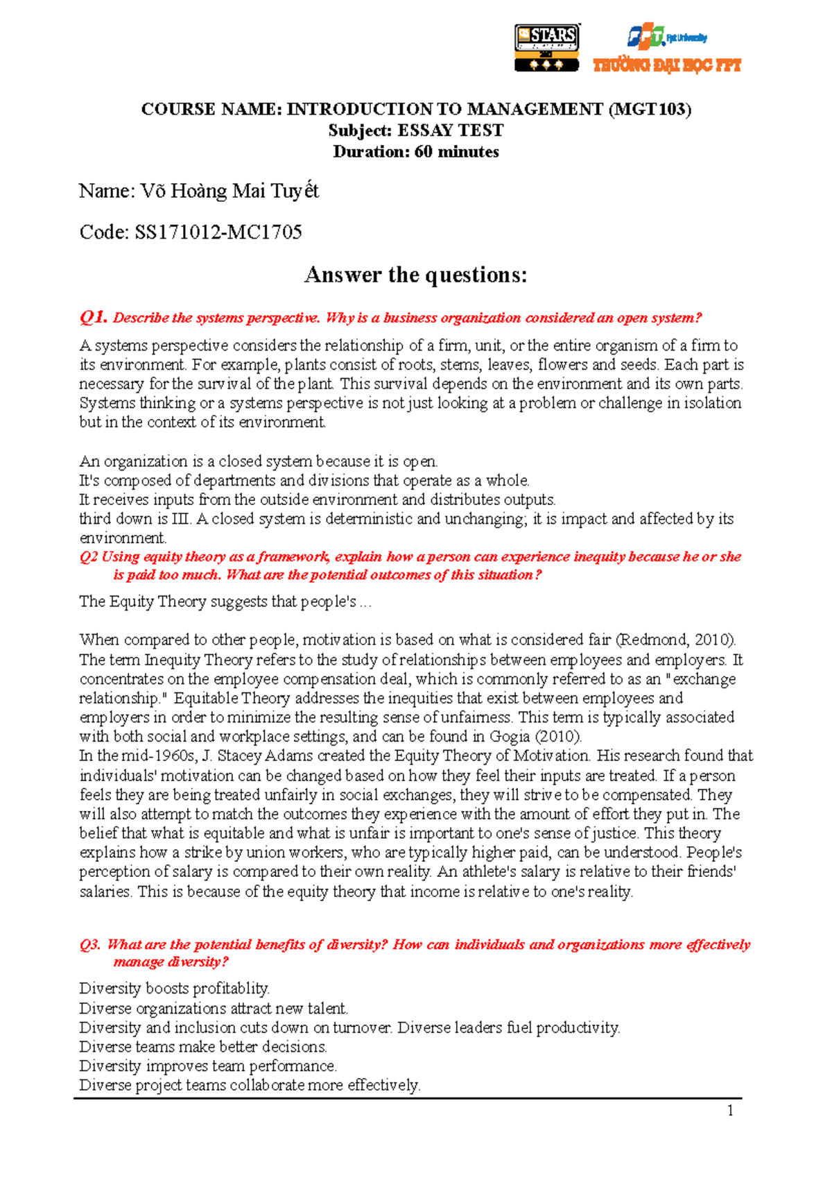 Essay TEST.MGT103.Vo Hoang Mai Tuyet.34 MC1705 - COURSE NAME ...