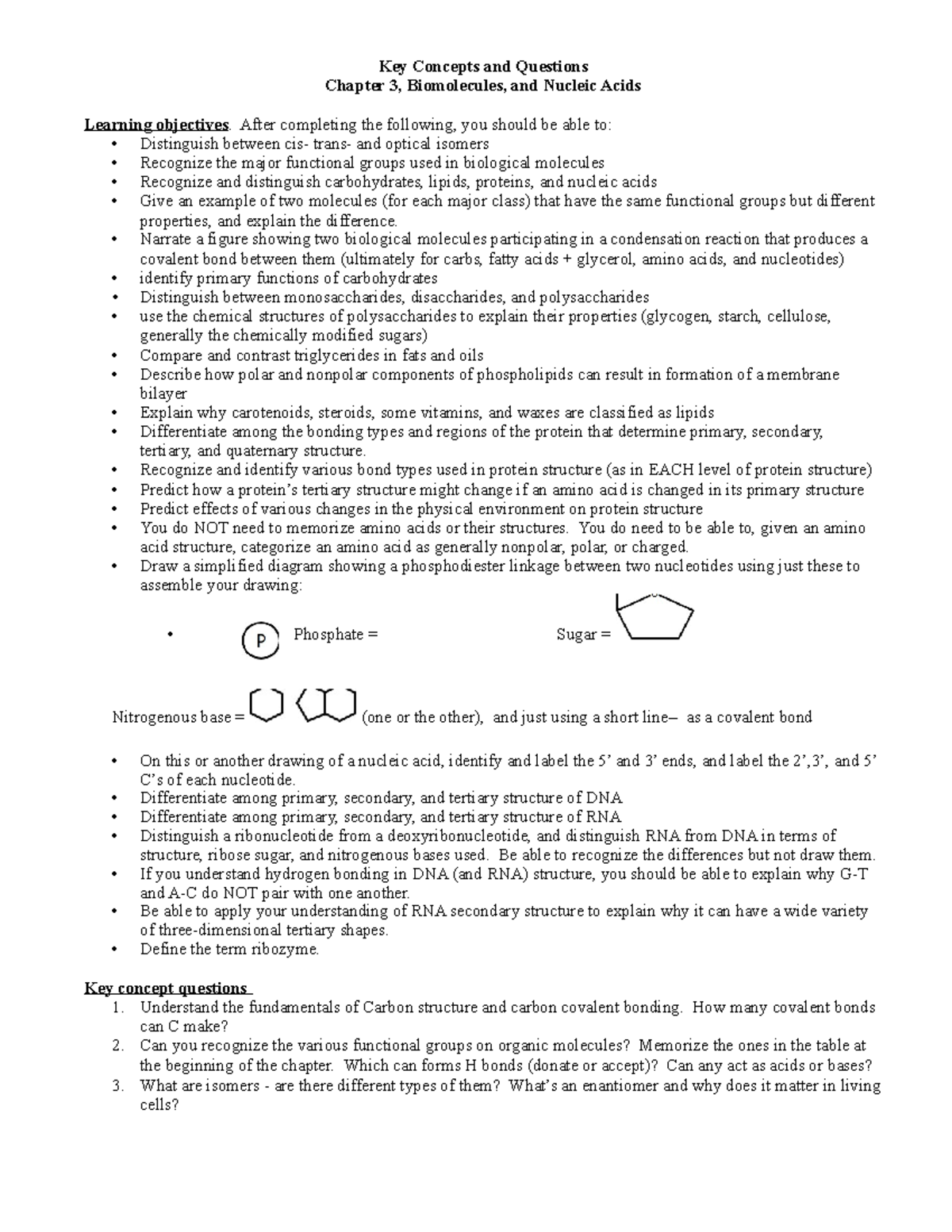 Key Concepts- Chapter 3 - Key Concepts and Questions Chapter 3, Biomolecules, and Nucleic Acids ...