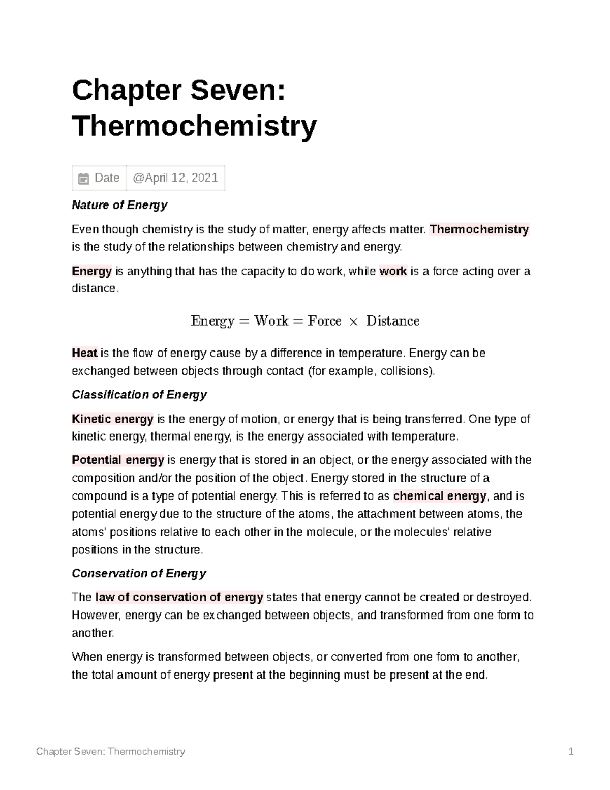 Chapter 7 - Thermochemistry - Chapter Seven: Thermochemistry Date ...