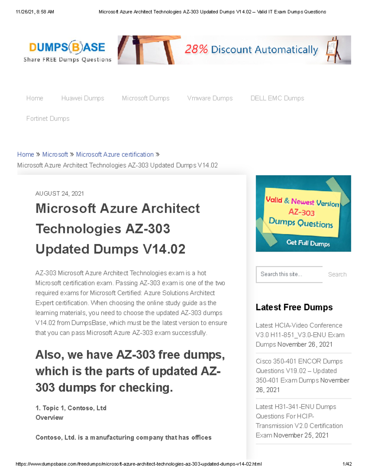 Microsoft Azure Architect Technologies AZ-303 Updated Dumps V14 ...