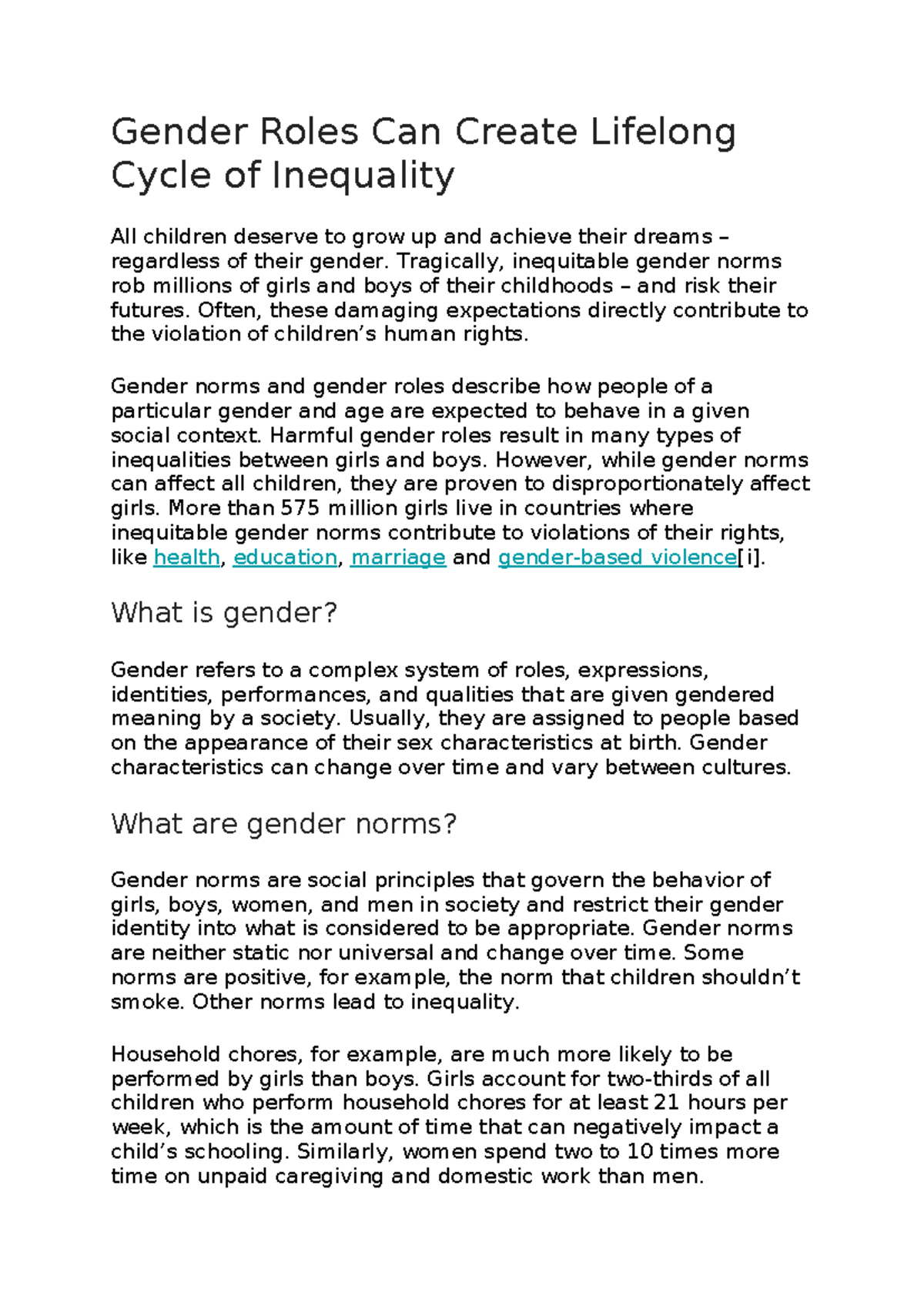 Notater - BER IKEE - Gender Roles Can Create Lifelong Cycle of ...