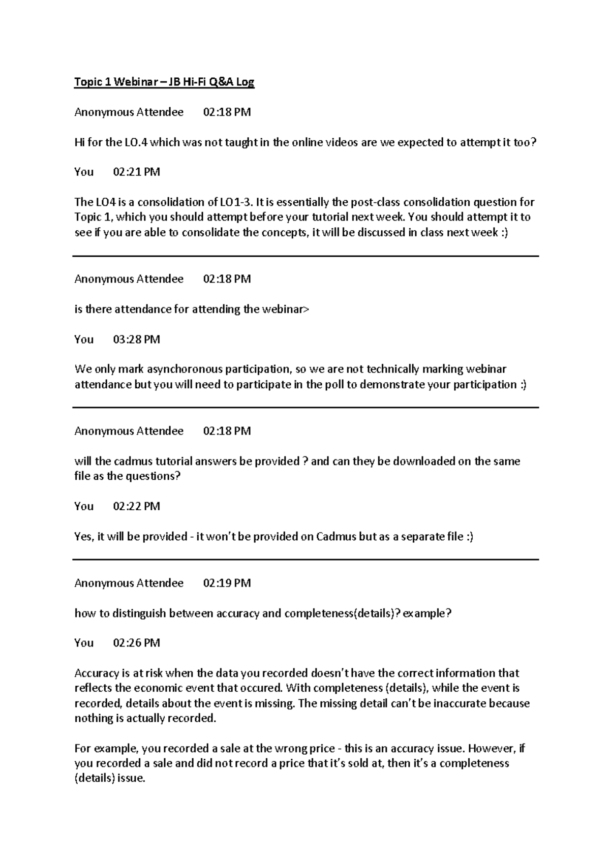 Topic 1 - JB Hi-Fi Webinar - Question and Answer Log - Warning: TT ...