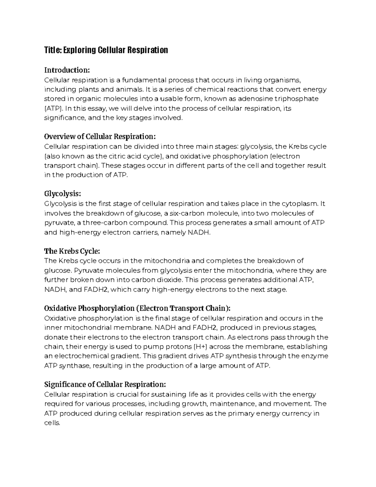 Cellular Respiration - Title: Exploring Cellular Respiration ...