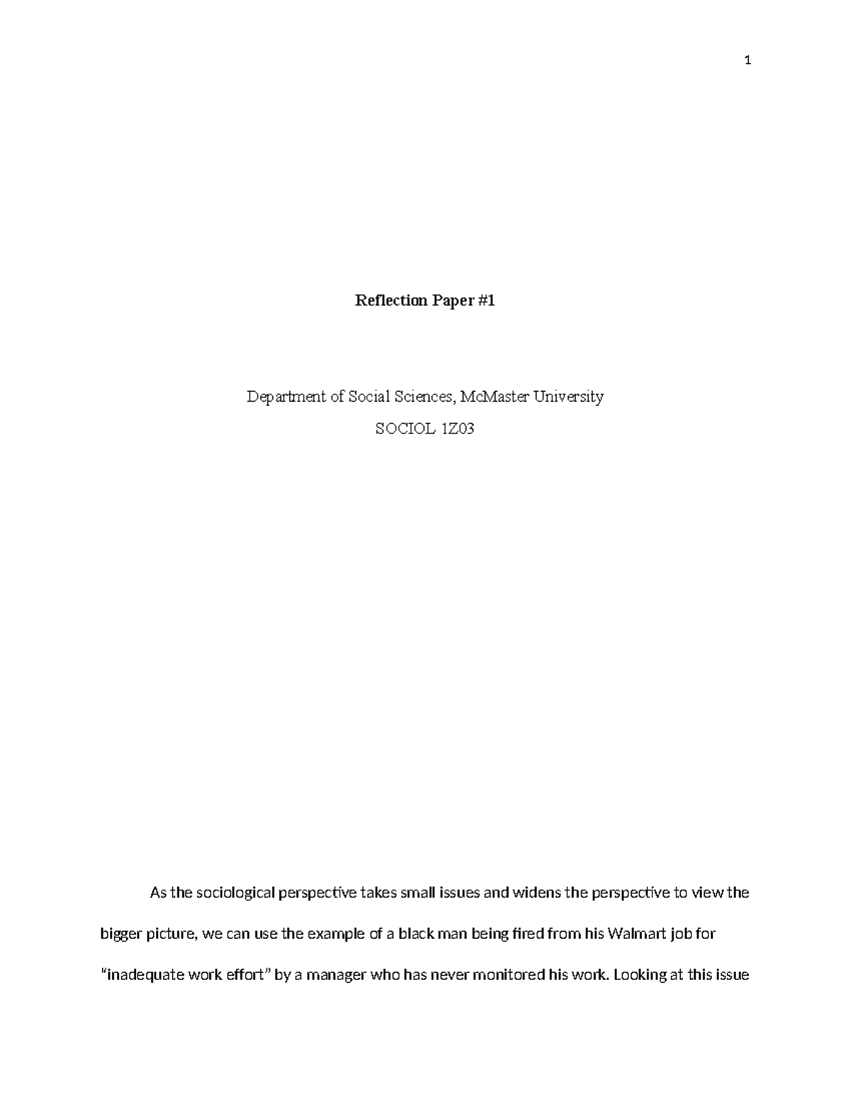 Reflection Paper 1 - Reflection Paper Department of Social Sciences ...