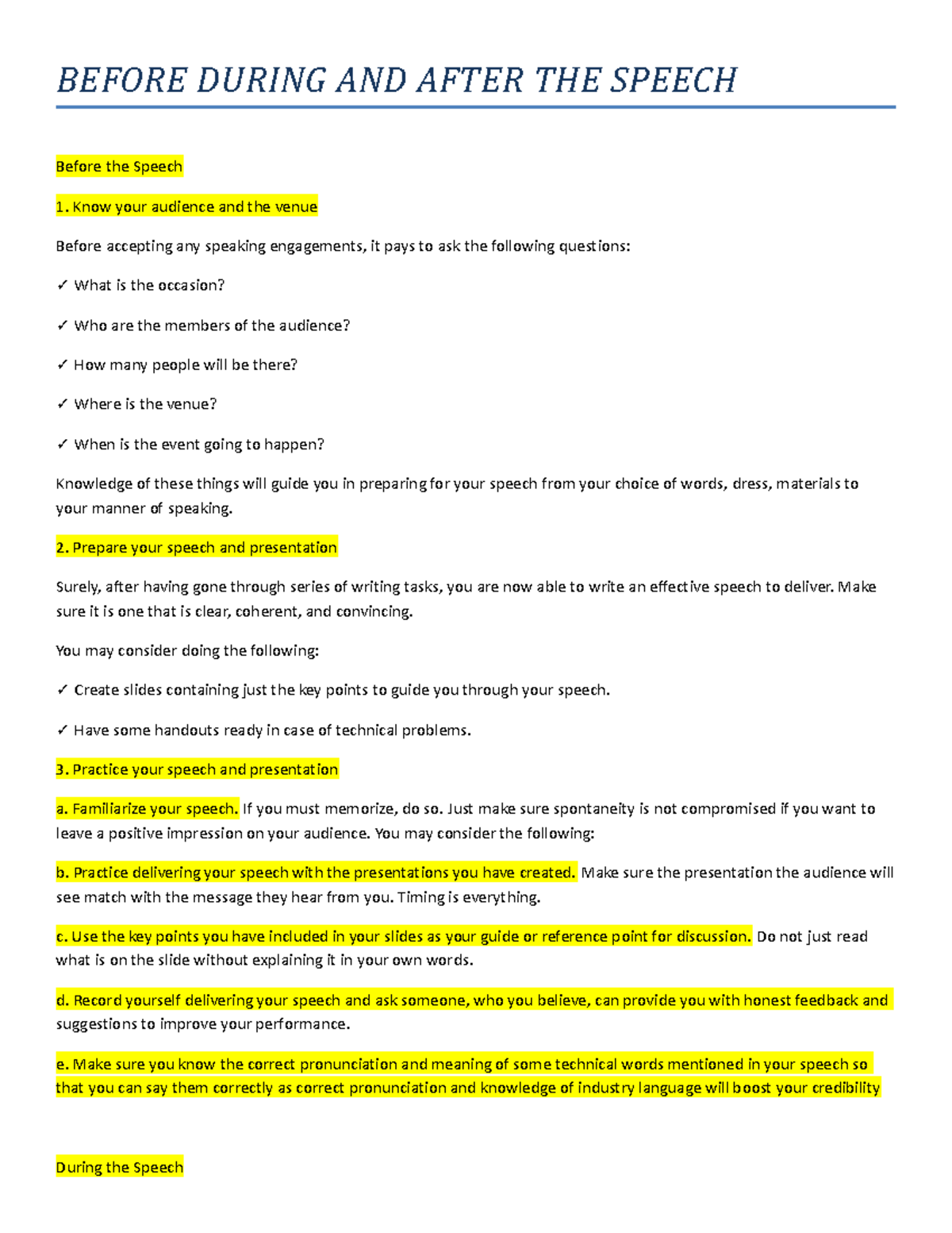 Before During AND After THE Speech - BEFORE DURING AND AFTER THE SPEECH ...