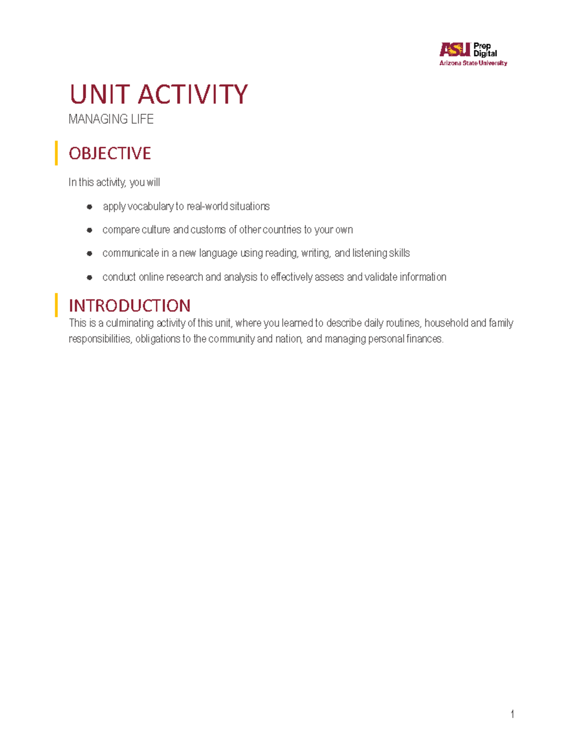 Spanish 2A U4 Unit Activity Managing Life - UNIT ACTIVITY MANAGING LIFE ...