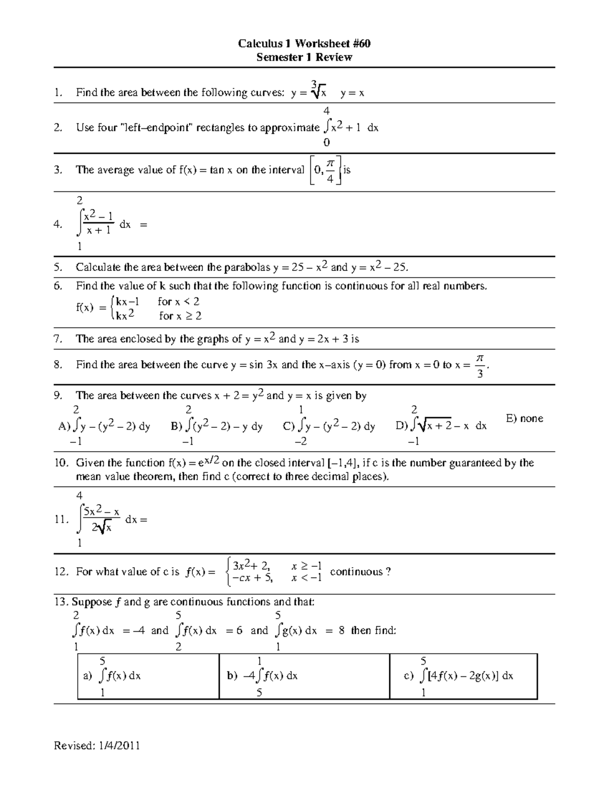 AB ws 060 Review - Calculus 1 worksheet provided by Dr.Meyers with ...
