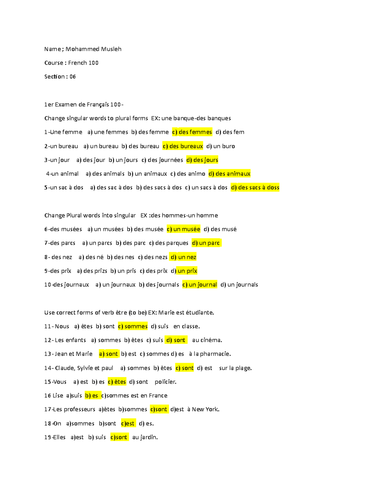 French Exam sample 1 - Name ; Mohammed Musleh Course : French 100 ...