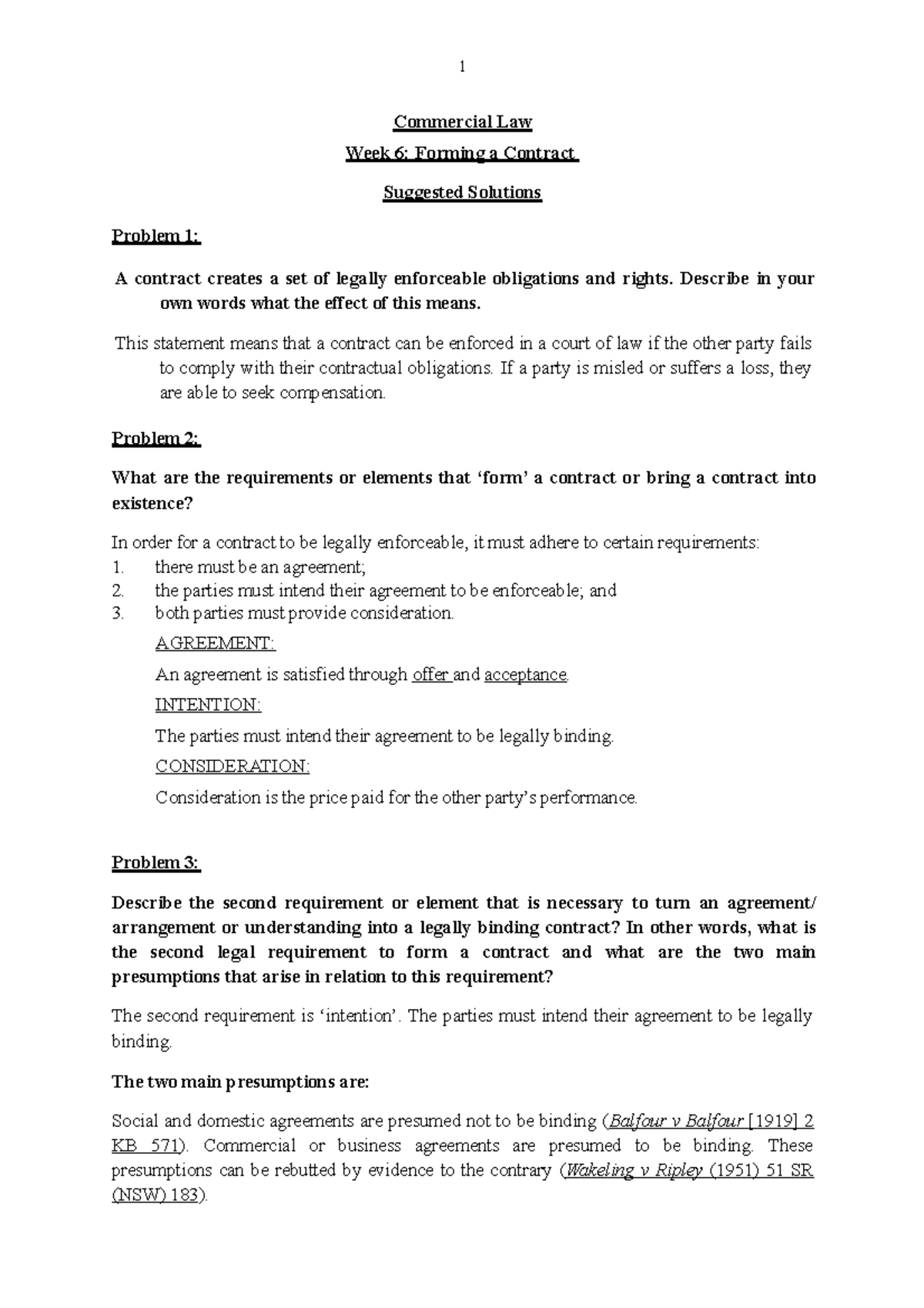 Tutorial.week6.solutions.contract formation(1) - 1 Commercial Law Week ...