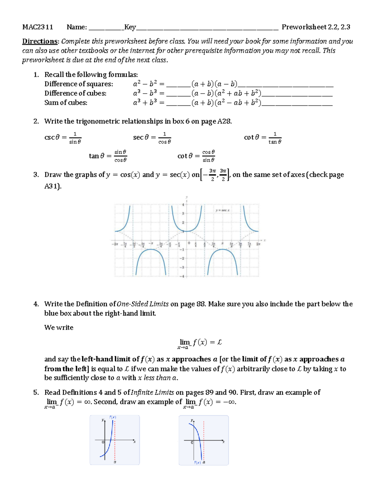 Preworksheet 2.2, 2.3 Solutions - MAC2311 Name: Key