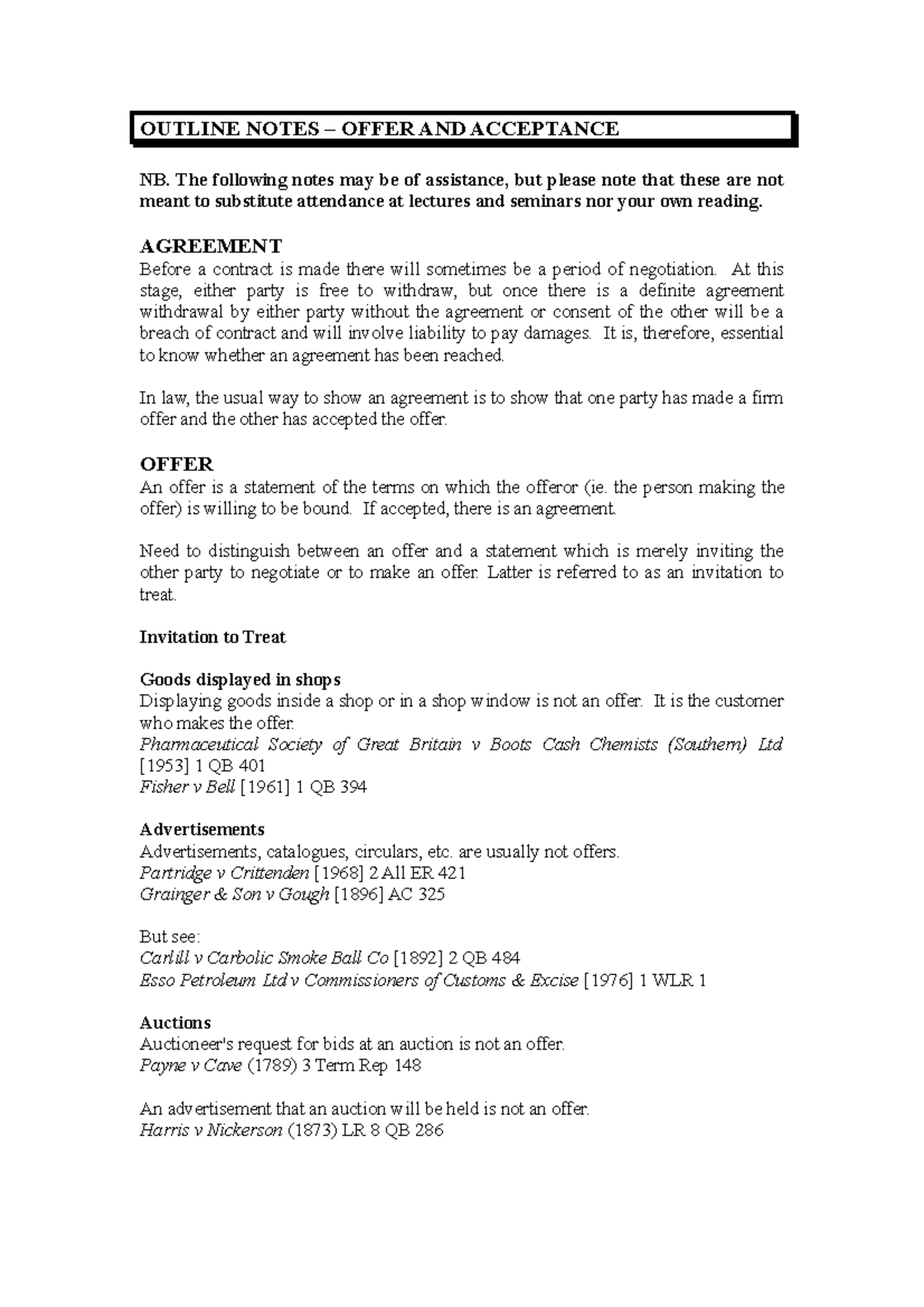Outline Notes - Offer and Acceptance - OUTLINE NOTES – OFFER AND ...