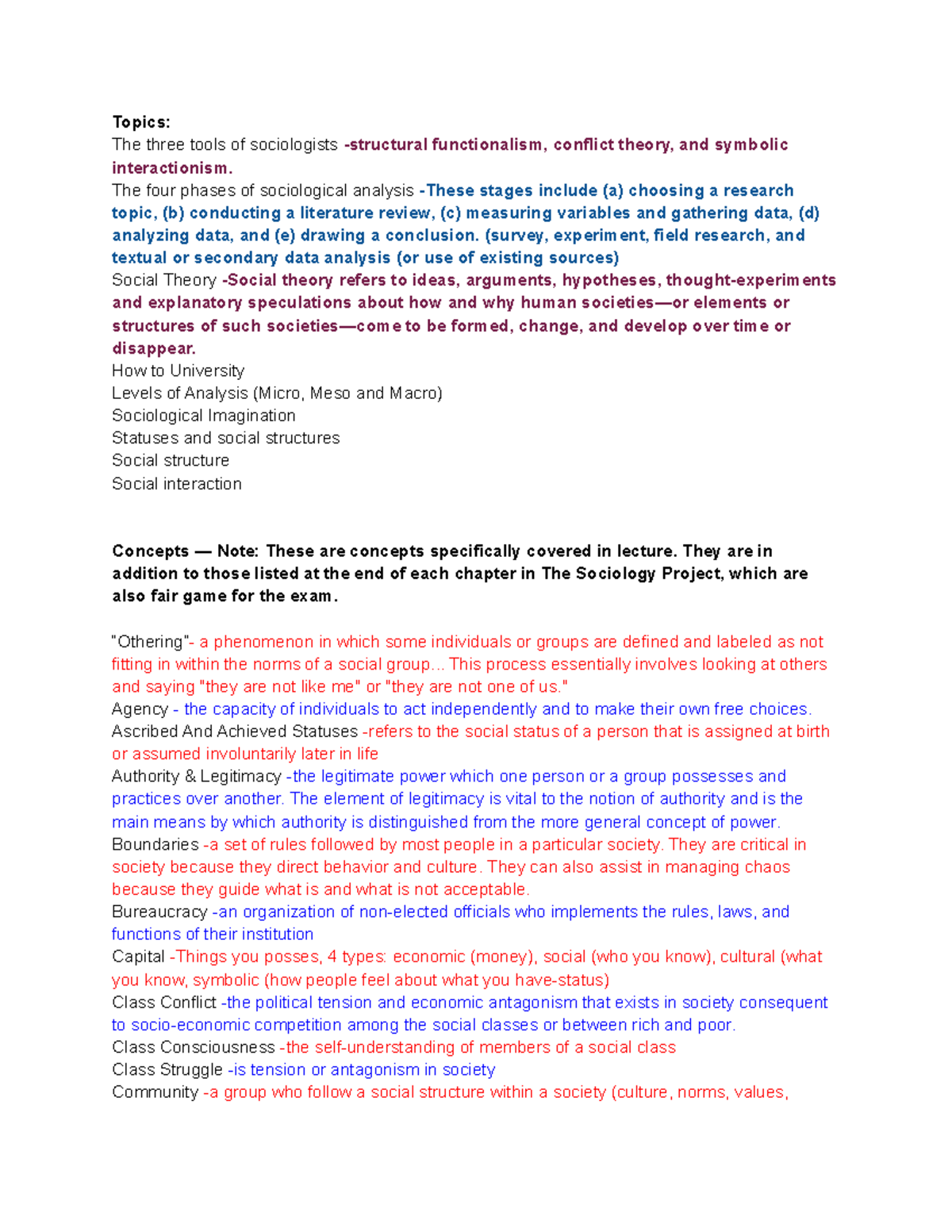 Study Sheet Sociology Midterm - Topics: The three tools of sociologists ...