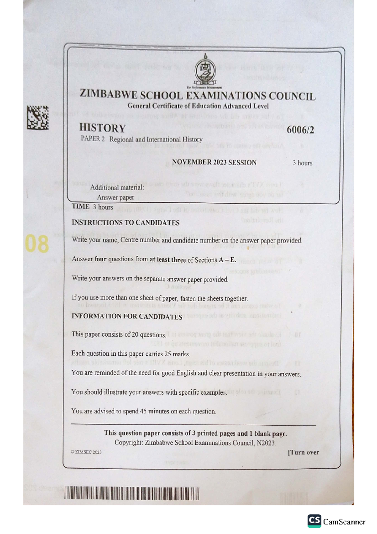 2023 Zimsec History A Level P2 - For Performance Measurement ZIMBABWE ...