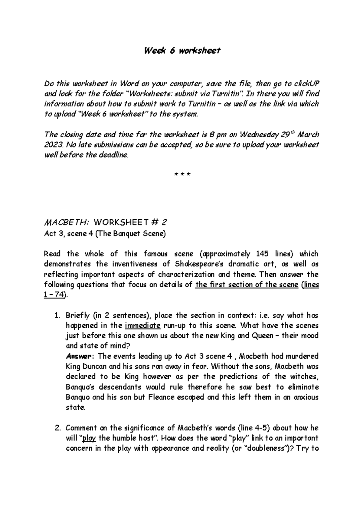 ENG 110 Macbeth worksheet 2 (2023) - Week 6 worksheet Do this worksheet in Word on your computer ...