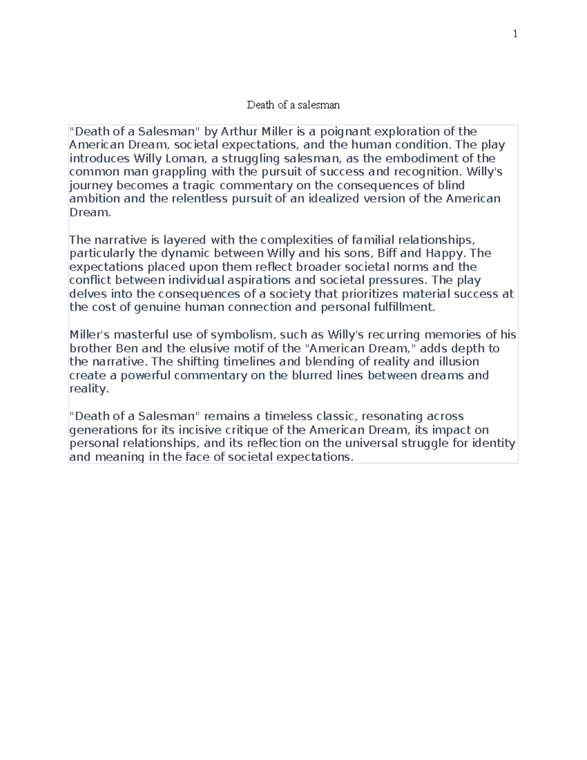 Death of a Salesman summative - 1 Death of a salesman "Death of a ...