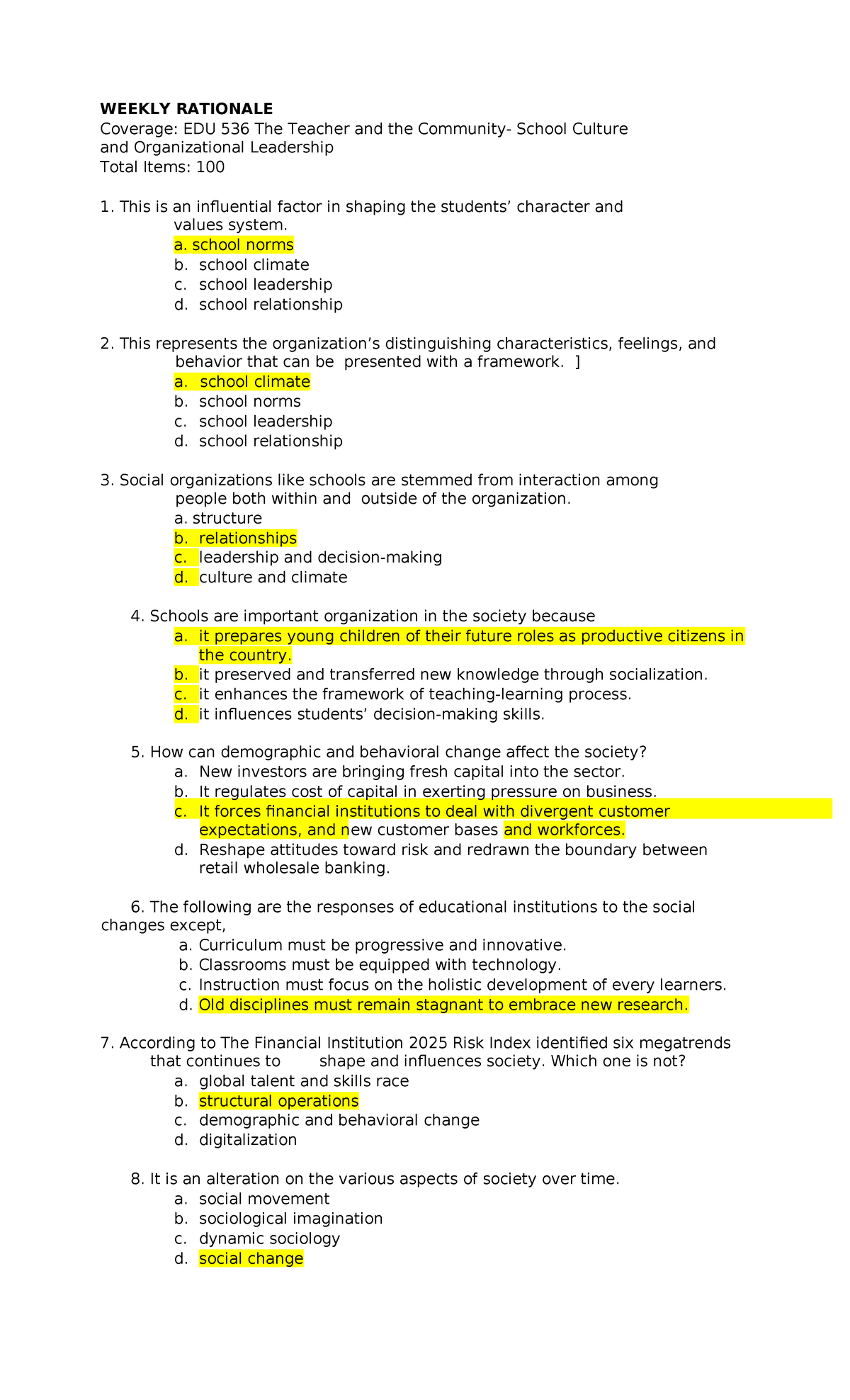 EDU 536 100-ITEM Rationale Questionnaire WITH KEY - WEEKLY RATIONALE ...