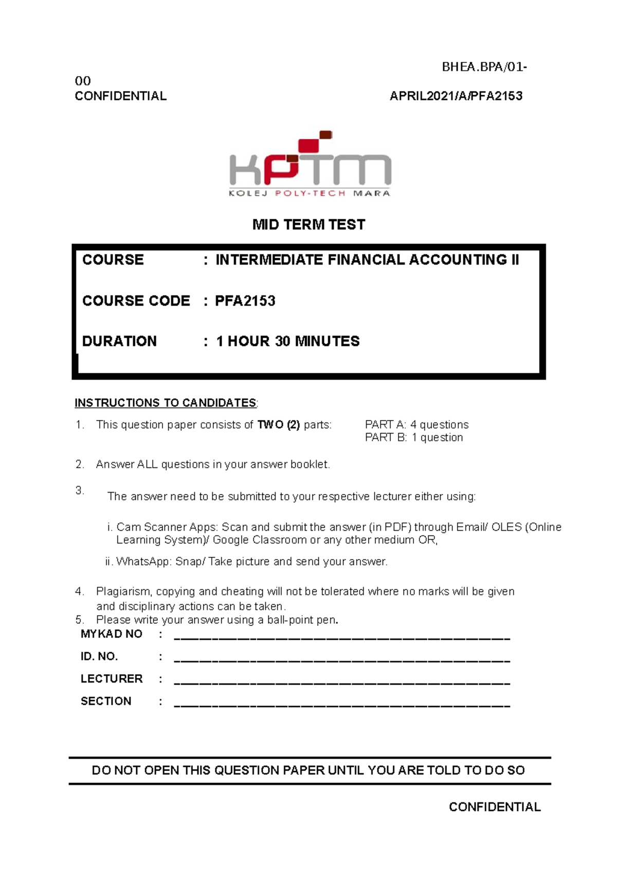 PFA2153 QP A 0421 - PAST QUESTION TEST - 00 CONFIDENTIAL APRIL2021/A ...