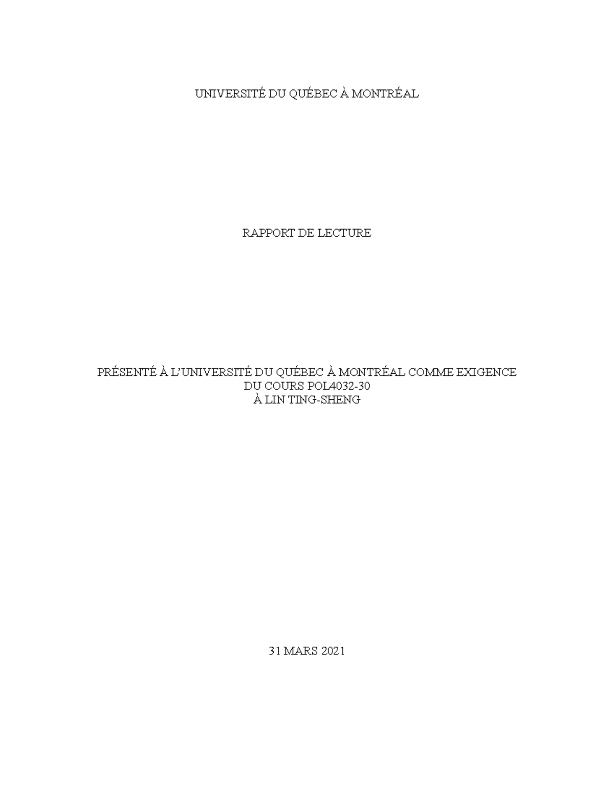 Chine 2 - tp maison - UNIVERSITÉ DU QUÉBEC À MONTRÉAL RAPPORT DE ...