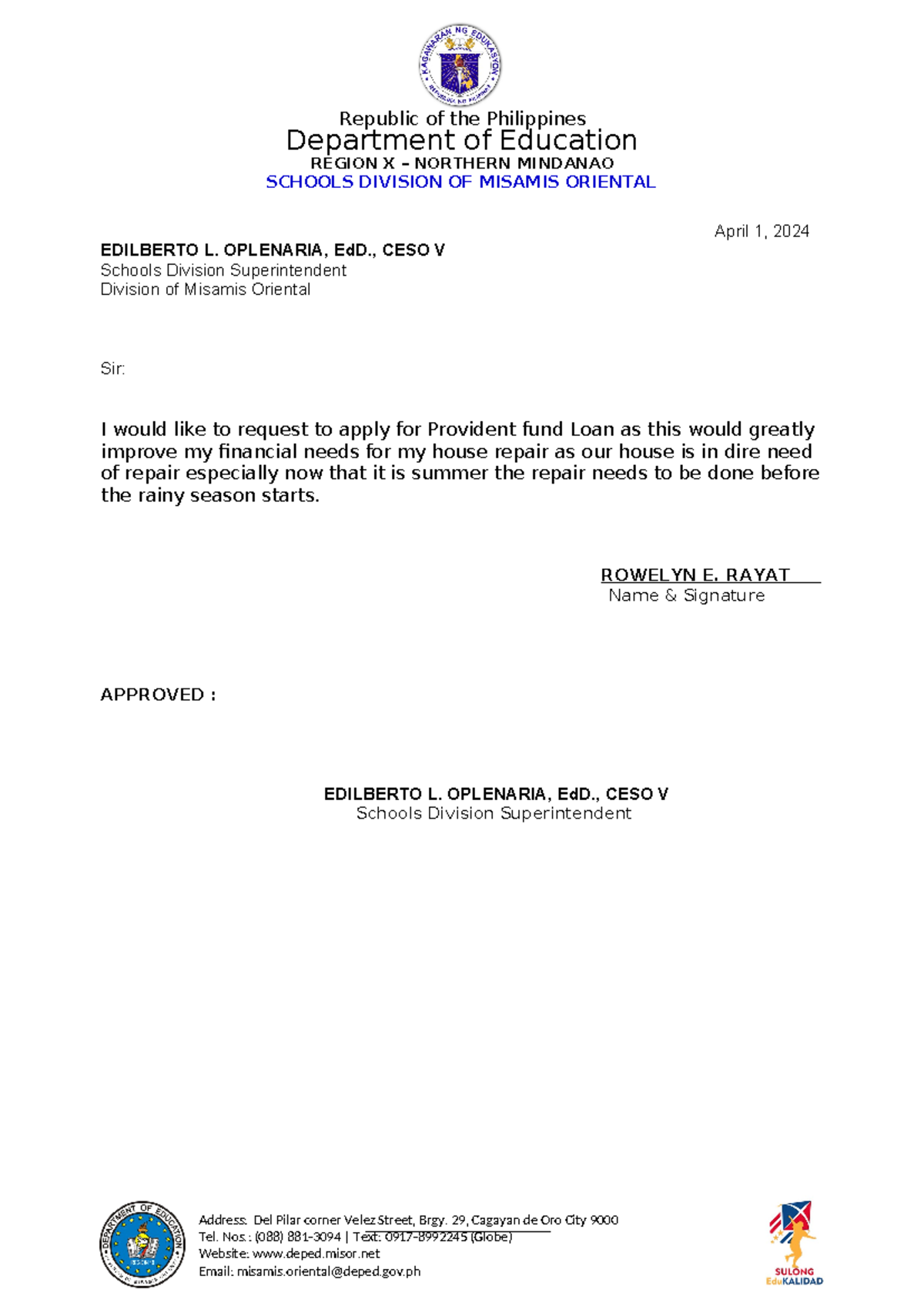 Letter request provident loan - Republic of the Philippines Department ...