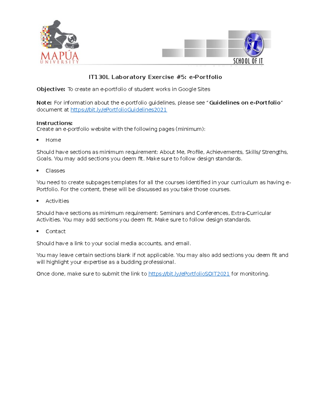 IT130L LE#5 - IT130L Laboratory Exercise #5: e-Portfolio Objective: To ...