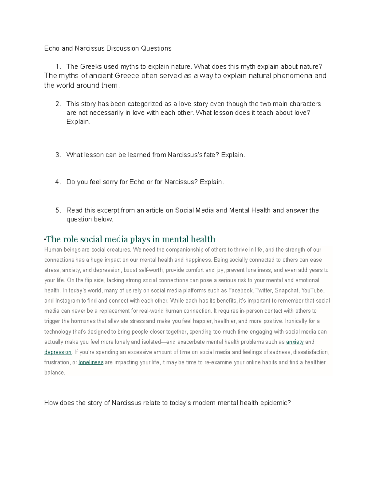 Copy of Echo and Narcissus Discussion Questions - Echo and Narcissus ...