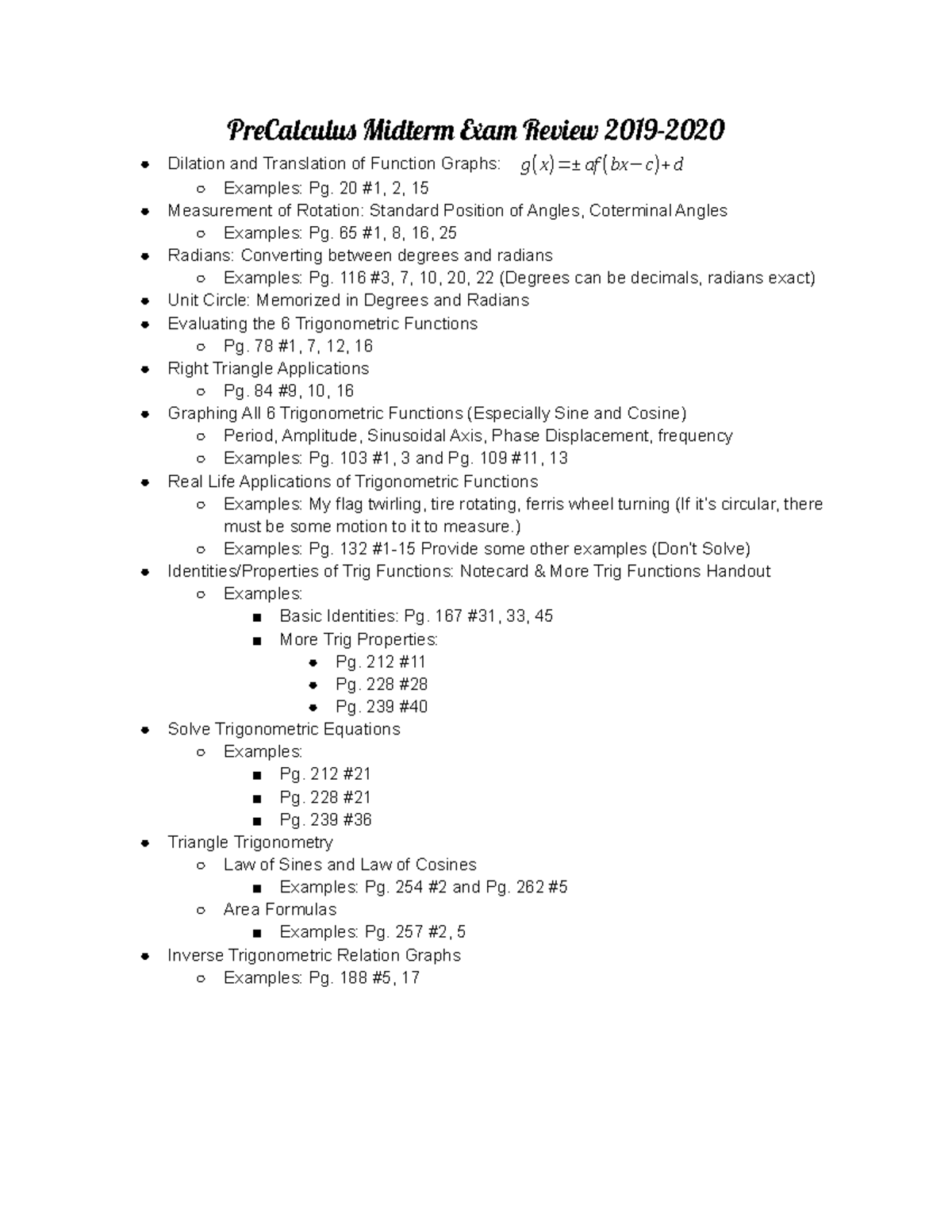 Precalculus Midterm Review - PreCalculus Midterm Exam Review 2019 ...