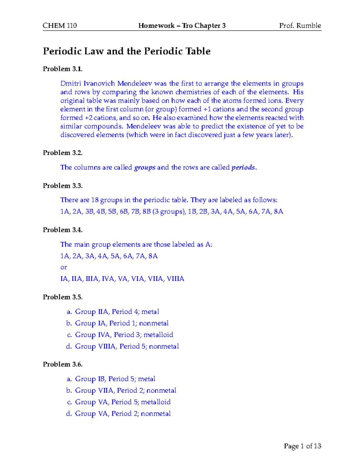 Ch3 solutions - Chapter homework - Periodic Law and the Periodic Table ...