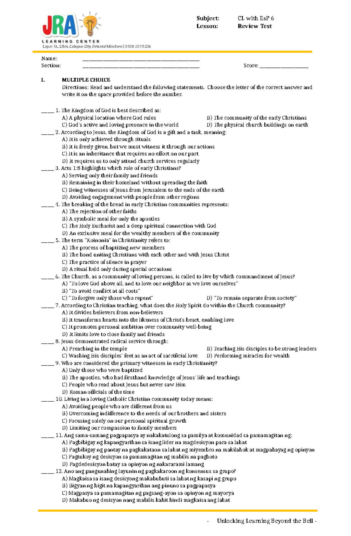 Cl review test - essay - Lopez St., Libis, Calapan City, Oriental ...
