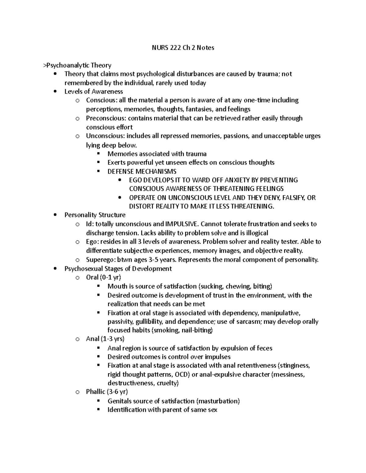 NURS 222 Ch 2 Notes - NURS 222 Ch 2 Notes Psychoanalytic Theory Theory ...