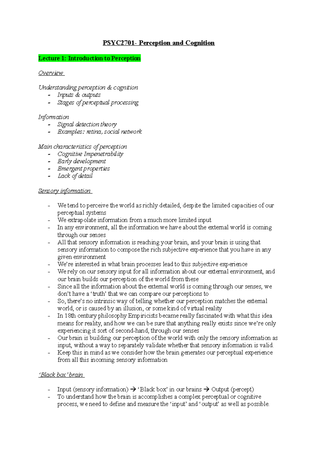 Psyc2701 Notes Psyc2701 Perception And Cognition Lecture 1 Introduction To Perception