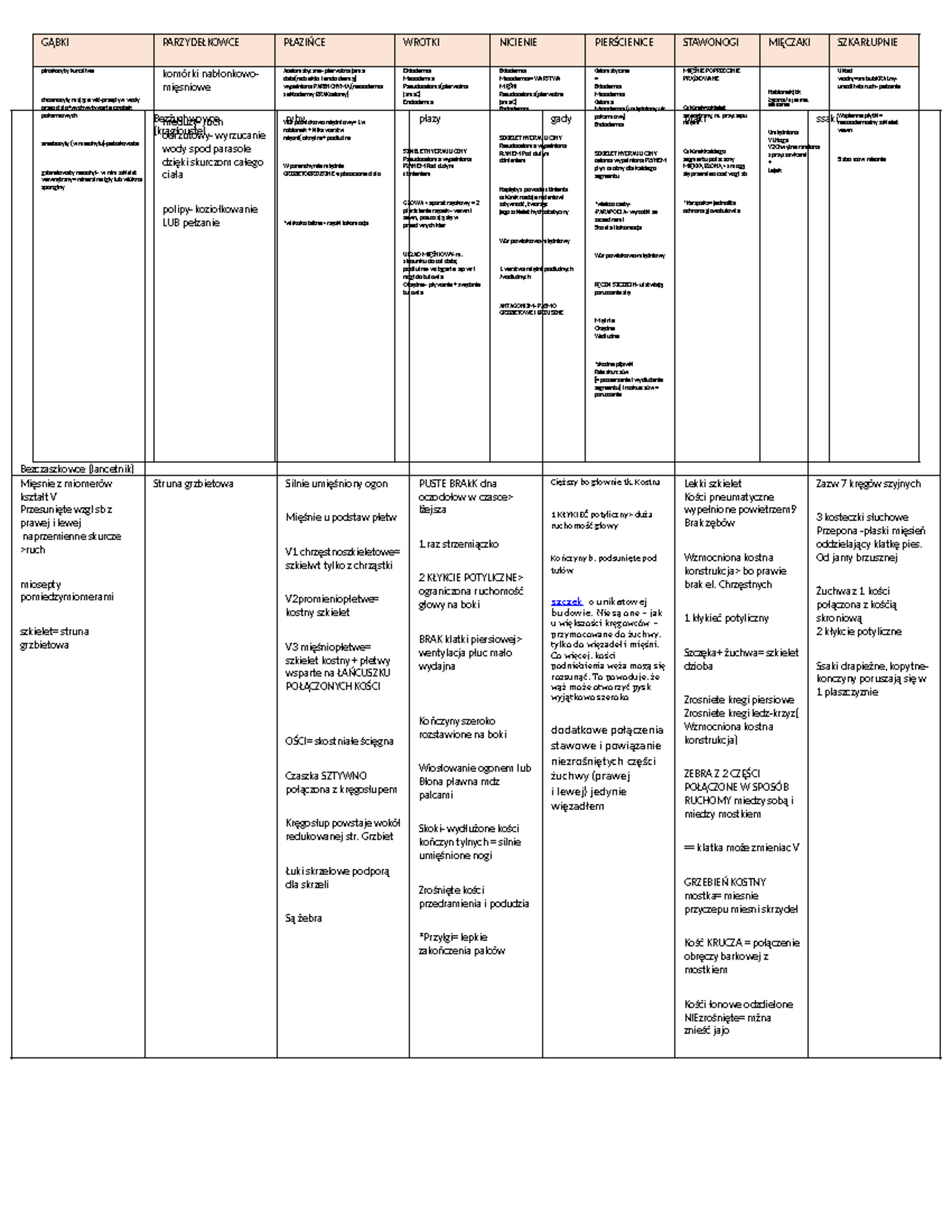 Układ ruchu zwierzęta porównanie - Bezczaszkowce (lancetnik ...