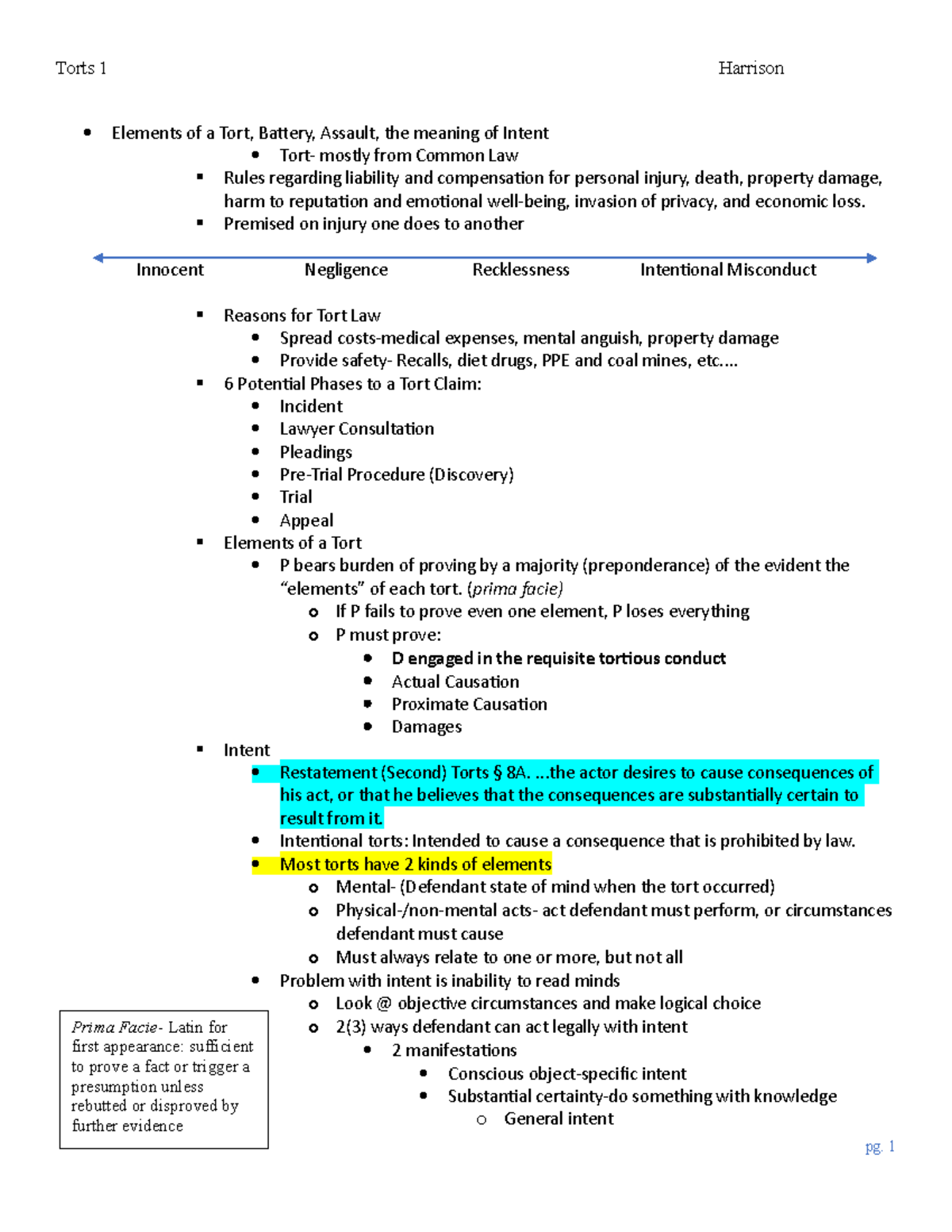 Torts 1 Course Outline- Battery through Negligence - Elements of a Tort ...