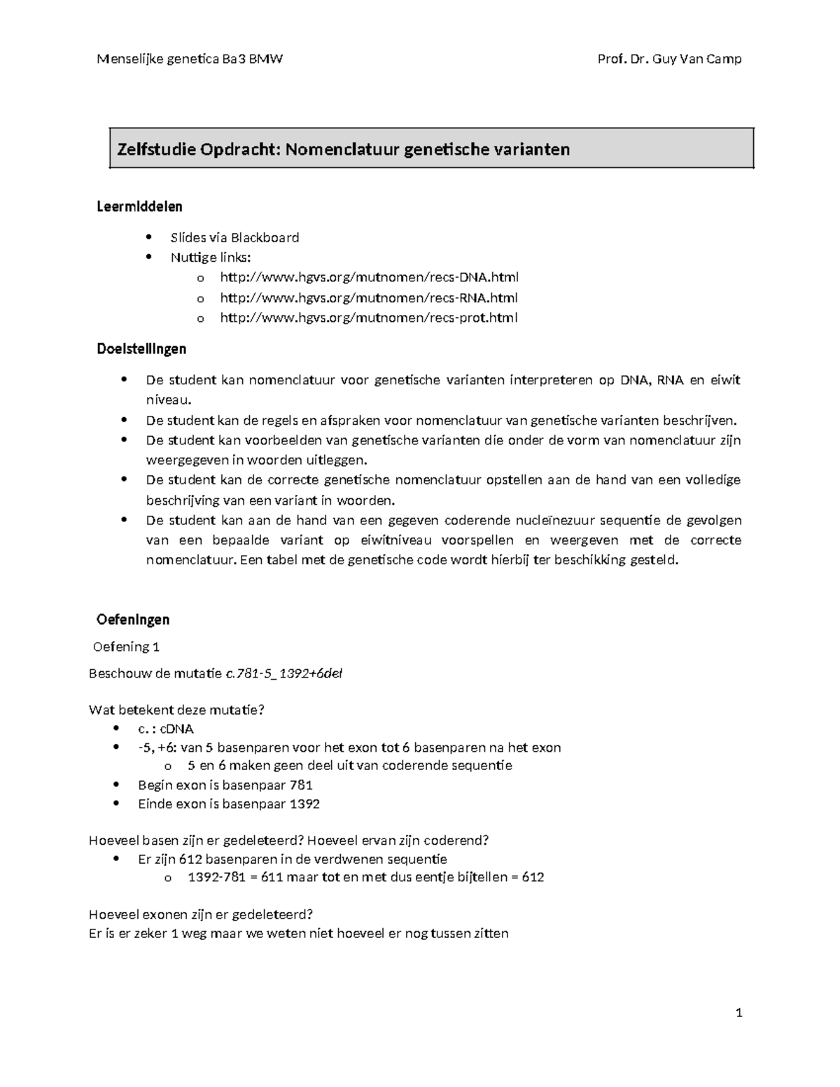 Zso nomenclatuur - Zelfstudie Opdracht: Nomenclatuur genetische ...