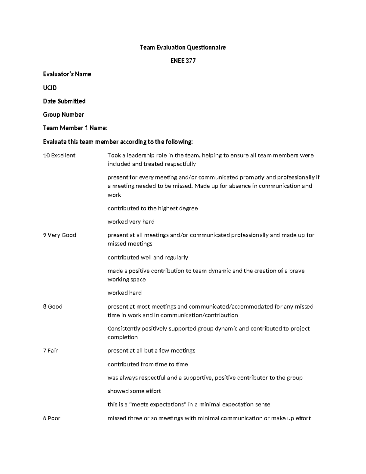 Team Evaluation Questionnaire - Made up for absence in communication ...