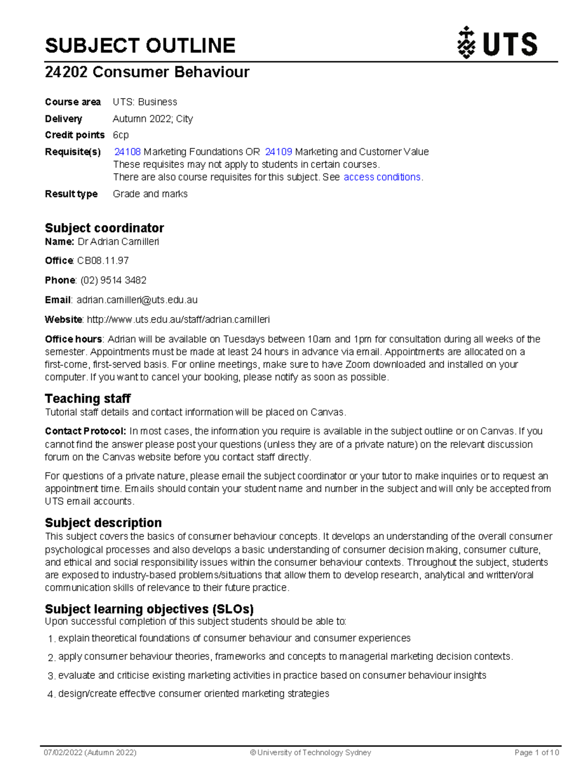 Consumer Behaviour Subject Outline - SUBJECT OUTLINE 24202 Consumer ...