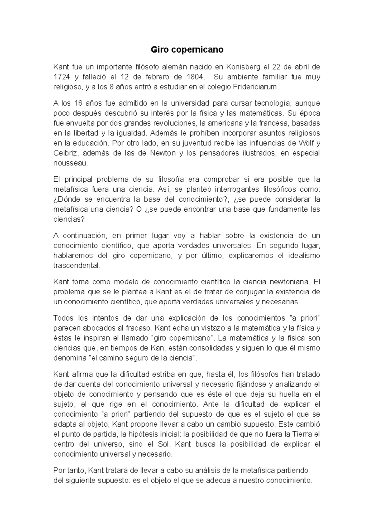 Giro copernicano - bien hecha - Giro copernicano Kant fue un importante ...