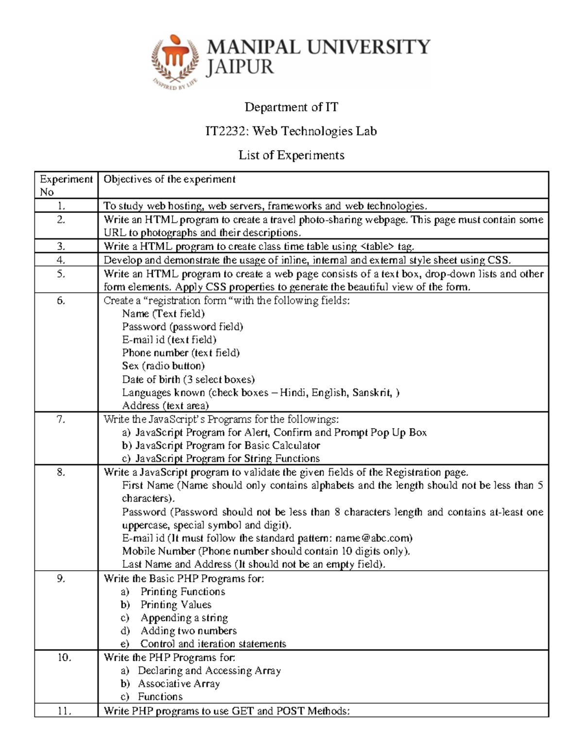 List of Experiments - lizt of expermrint - Department of IT IT2232: Web Technologies Lab List of ...