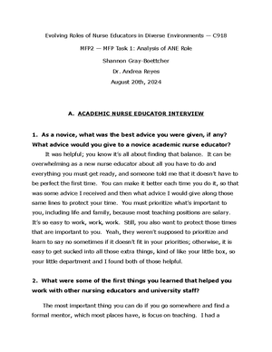 Interview Guide - 10 Core Questions - MFP2: Analysis of ANE Role ANE ...
