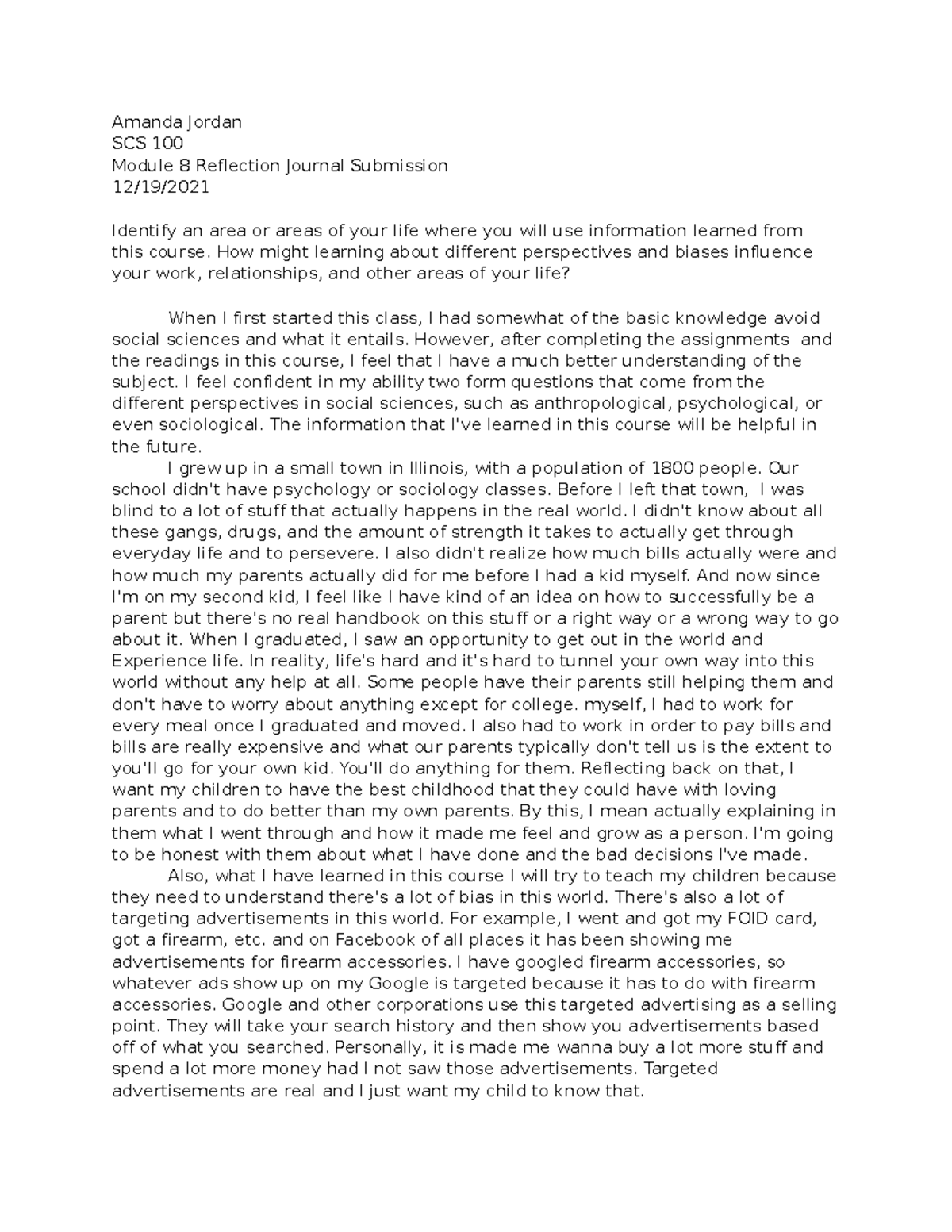 SCS 100 final reflection - Amanda Jordan SCS 100 Module 8 Reflection ...