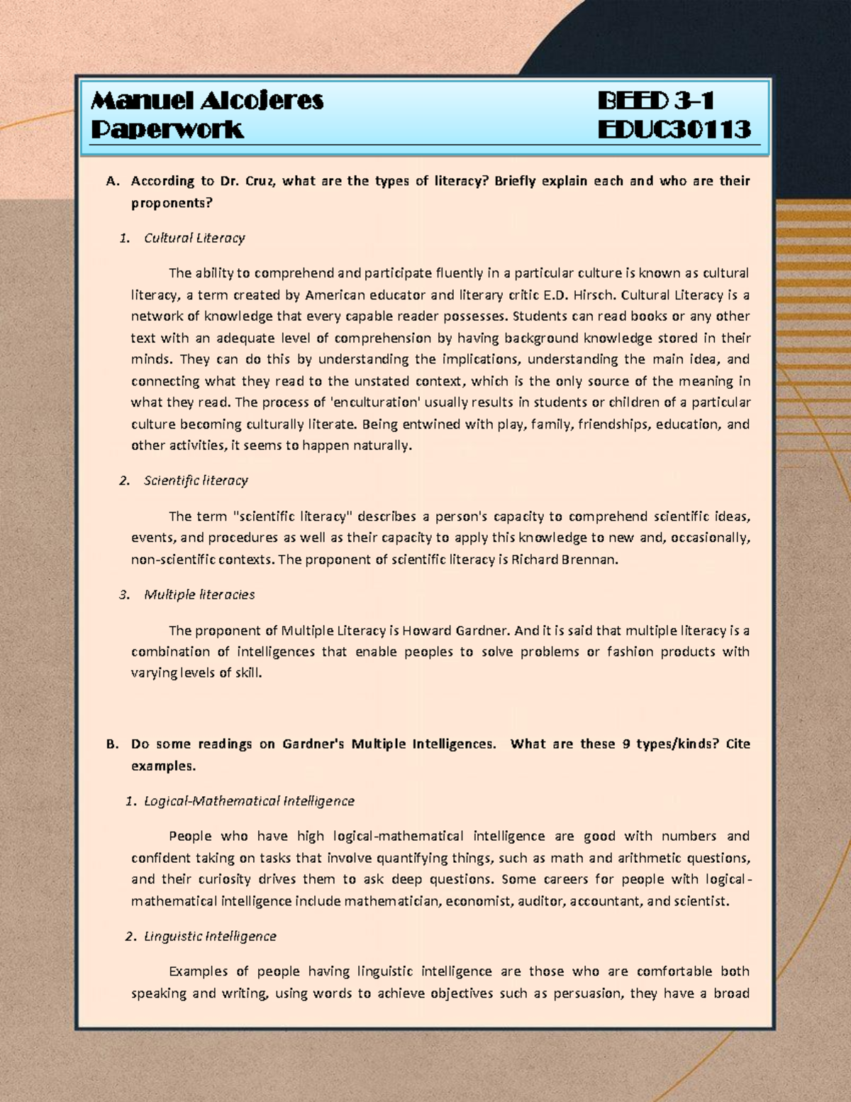 .New Literacies [Manuel Alcojeres] - A. According to Dr. Cruz, what are ...