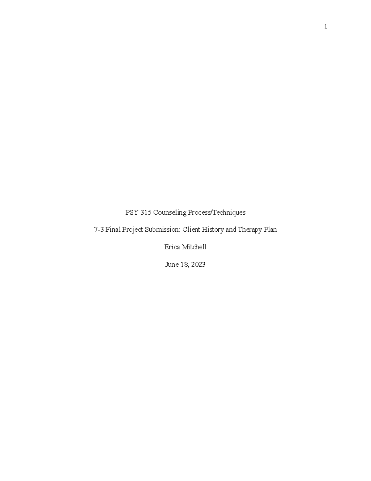 Counseling Final Project: Client History and Therapy Plan - Studocu