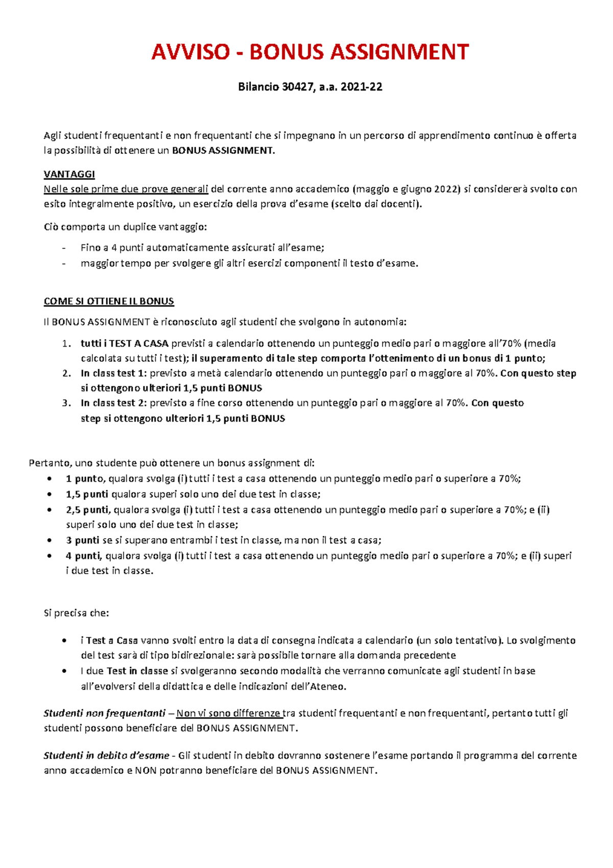 Bonus Assignment syllabus - AVVISO - BONUS ASSIGNMENT Bilancio 30427, a ...
