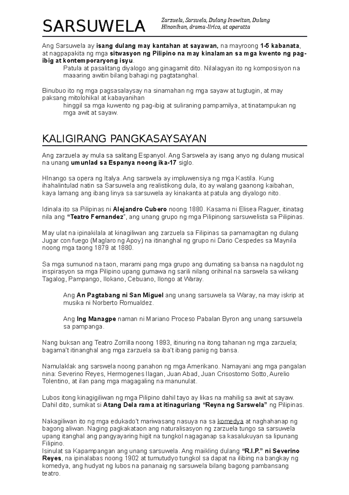 Sarsuwela - Kaligirang Pangkasaysayan, Elemento at mga Katangian ng ...